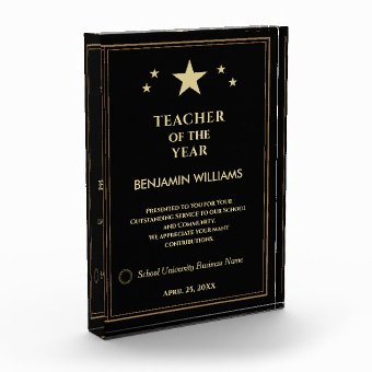 Teacher of the Year Gold Stars Logo Personalize Photo Block | Zazzle