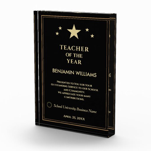 Teacher of the Year Gold Stars Logo Personalize Photo Block | Zazzle