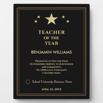 Teacher of the Year Gold Stars Logo Personalize Plaque | Zazzle