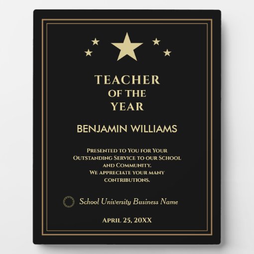 Teacher of the Year Gold Stars Logo Personalize Plaque | Zazzle