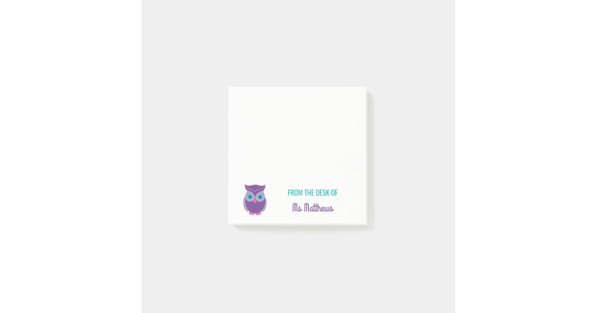 Teacher Personalized Purple Owl From The Desk Of Post-it Notes | Zazzle