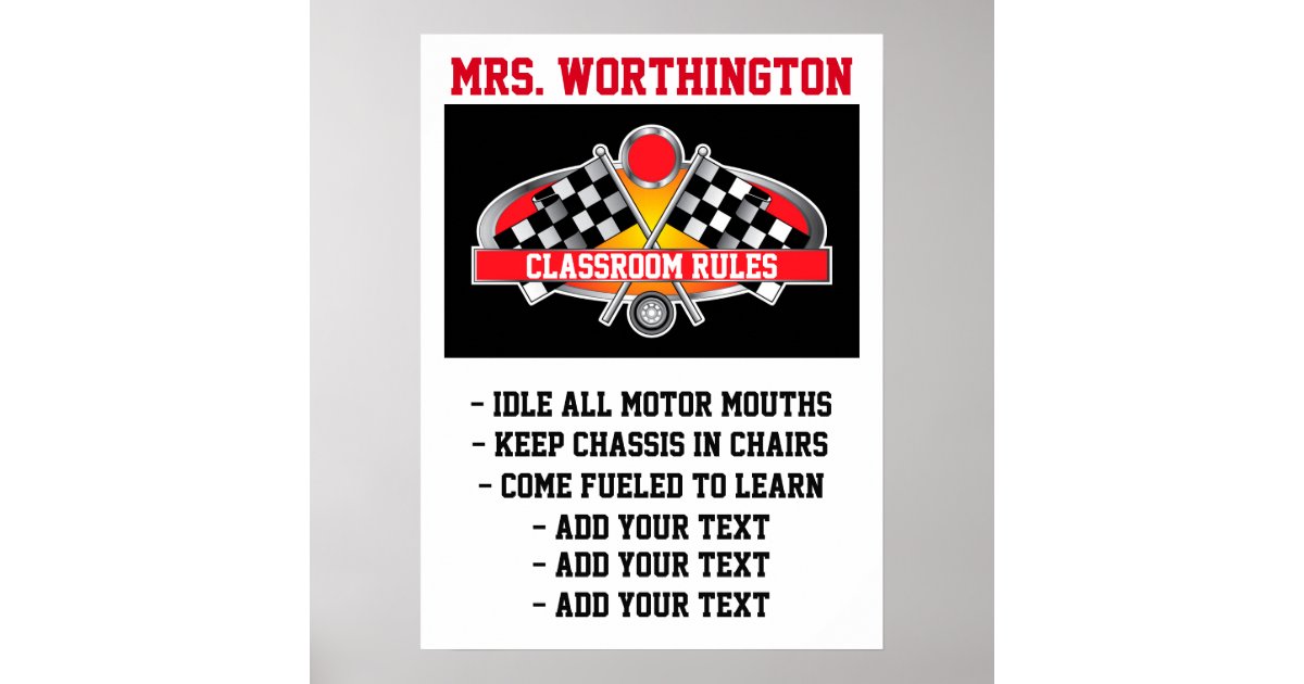 Teacher Poster Classroom Rules Auto Racing - SRF | Zazzle