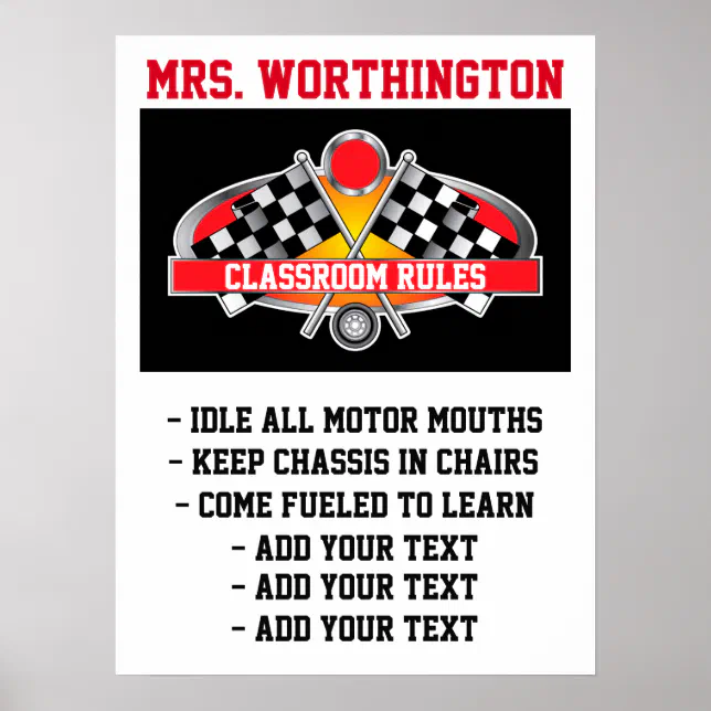 Teacher Poster Classroom Rules Auto Racing - SRF | Zazzle