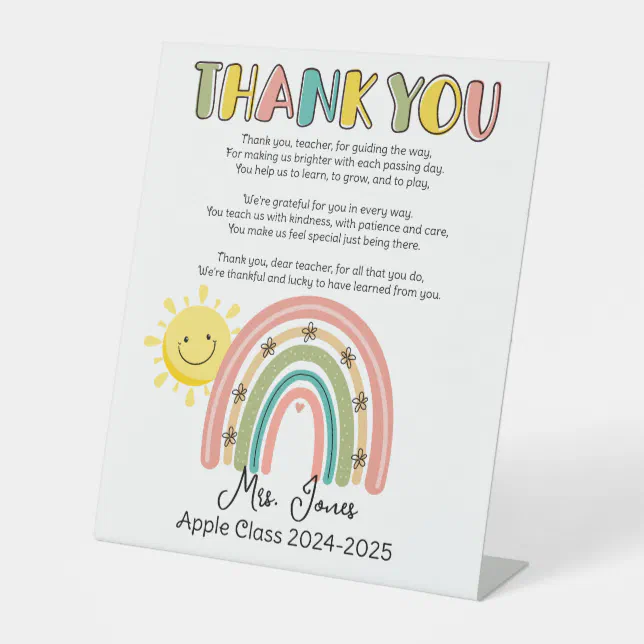 teacher rainbow poem end of year greetings pedestal sign | Zazzle