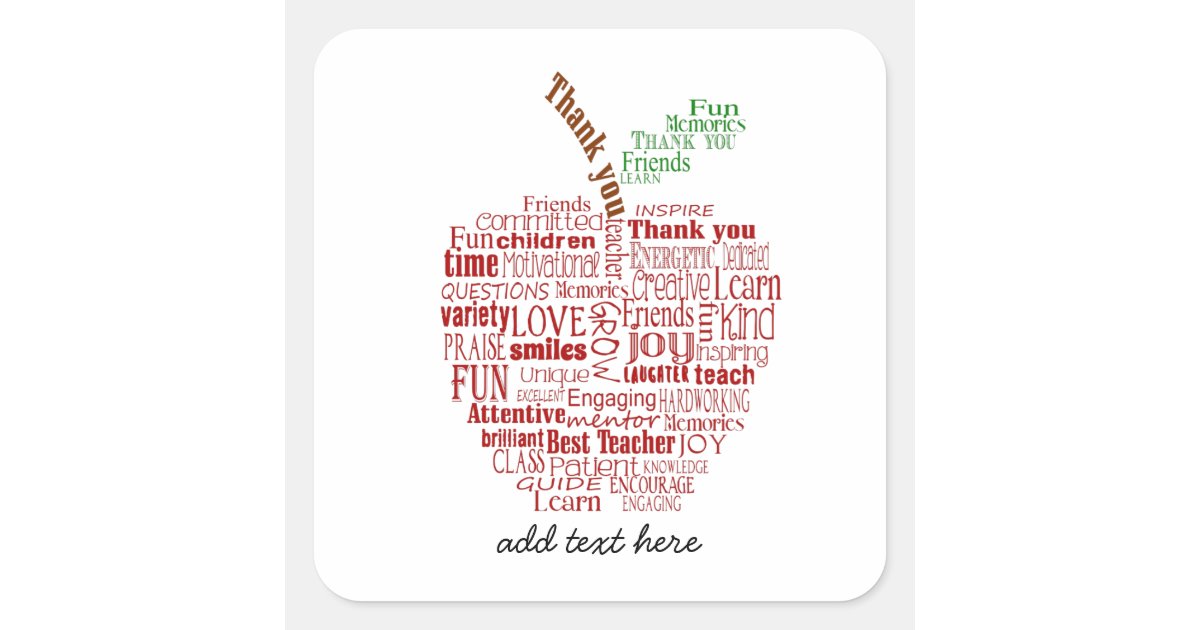 Teacher red Apple word cloud Thank you gift Square Sticker | Zazzle