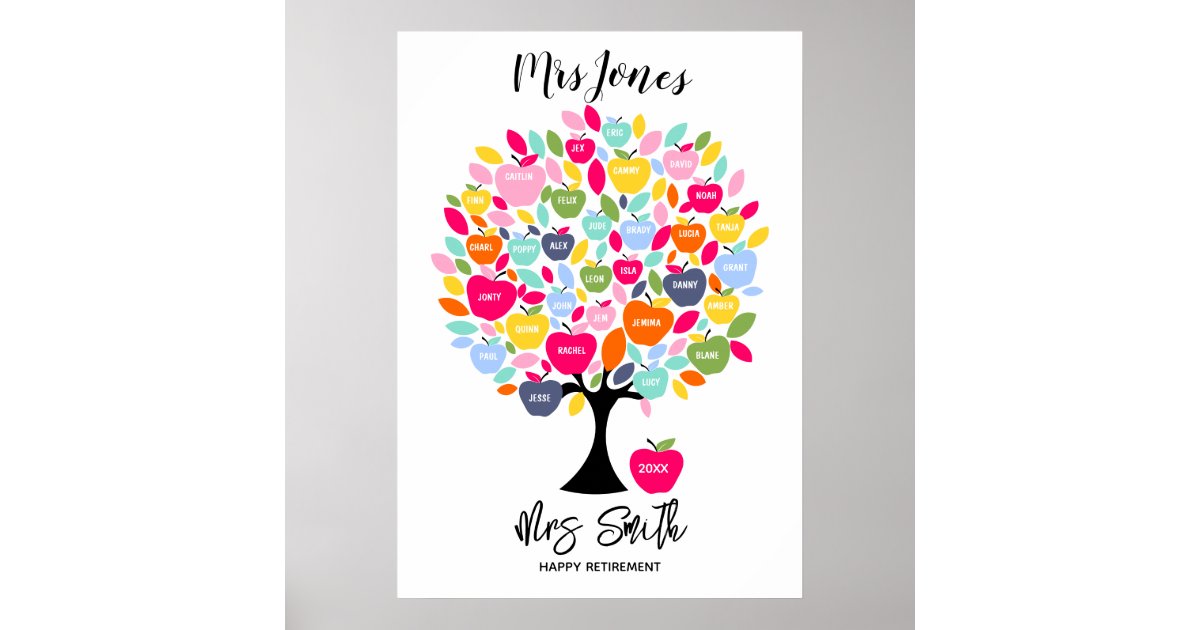 Teacher retirement apple tree with names poster | Zazzle