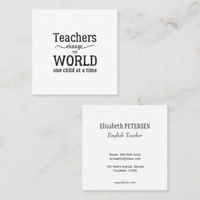 Teacher simple black white quote typography script square business card ...