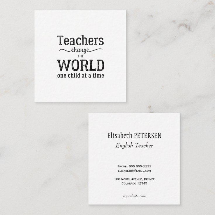 Teacher simple black white quote typography script square business card ...