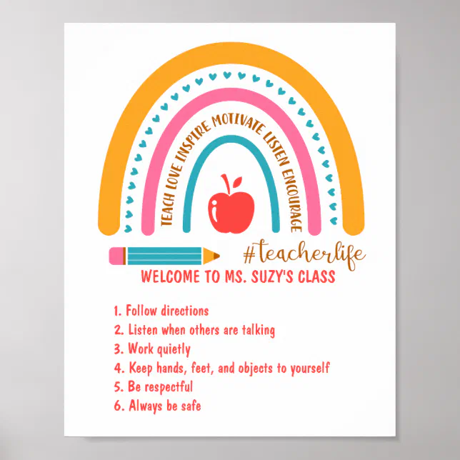 #Teacherlife Rainbow Personalized Classroom Rules Poster | Zazzle