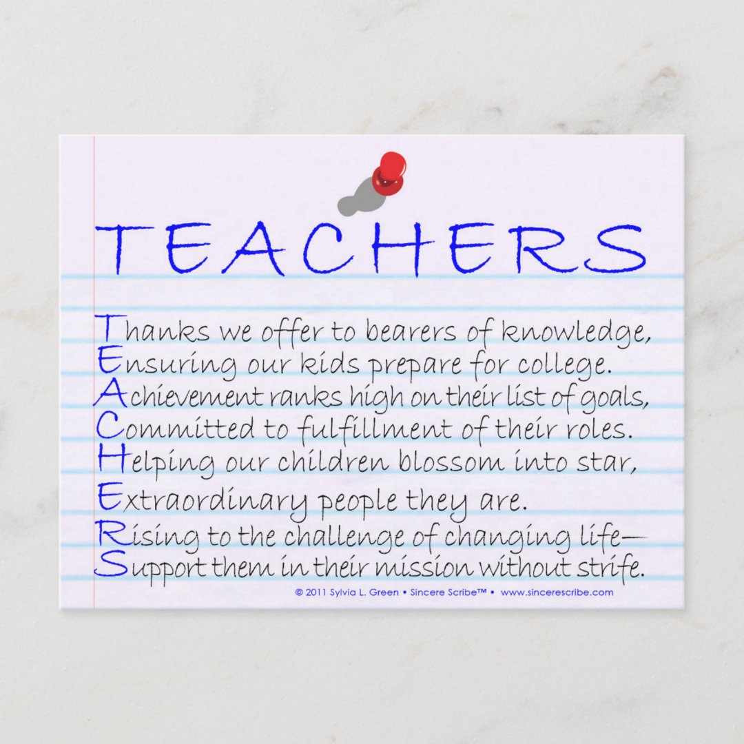 Teachers (Acrostic) Postcard | Zazzle