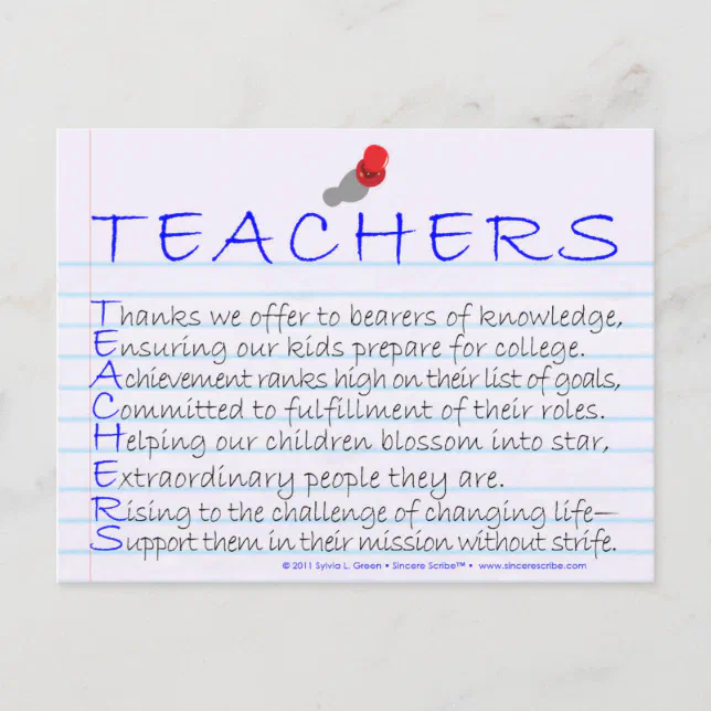 Teachers (Acrostic) Postcard | Zazzle