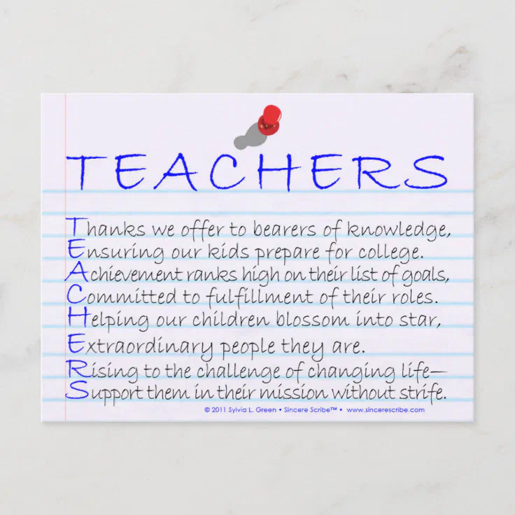 Teachers (Acrostic) Postcard | Zazzle