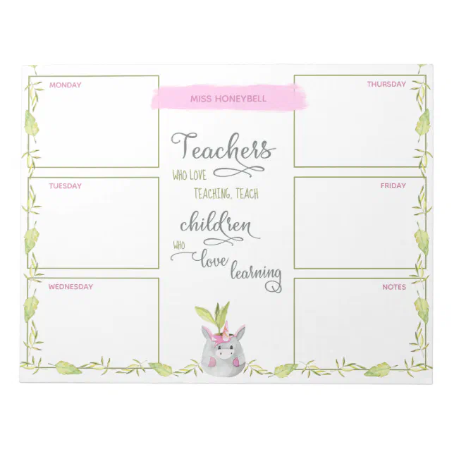Teachers Weekly Planner Cute Unicorn Potted Plant Notepad | Zazzle
