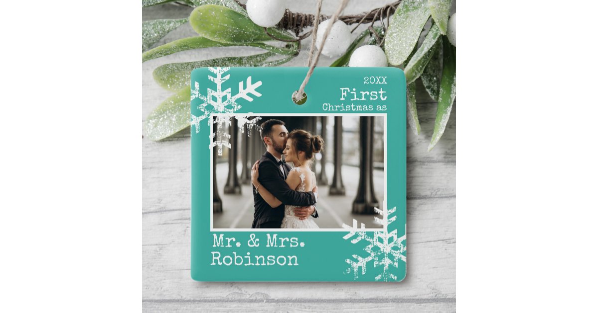 Teal 1st Christmas Mr. & Mrs. Photo Ceramic Ornament | Zazzle