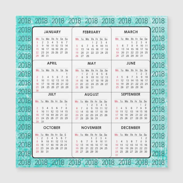 Teal 2018 Calendar Square Magnetic Card | Zazzle