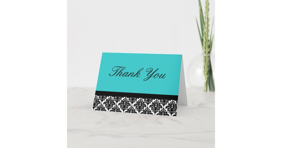 Teal and black damask thank you card | Zazzle