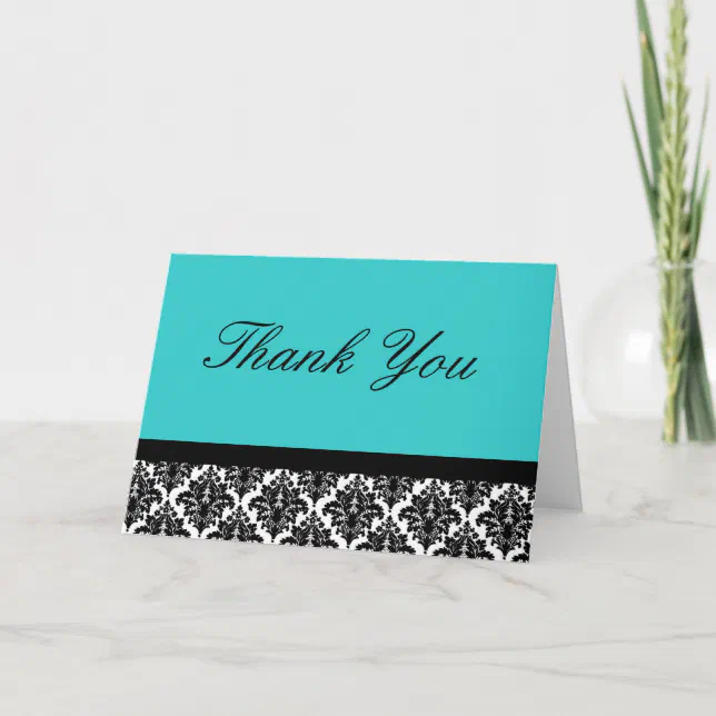 Teal and black damask thank you card | Zazzle