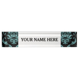 Teal and Black Vintage Damask Pattern Name Plate | Zazzle