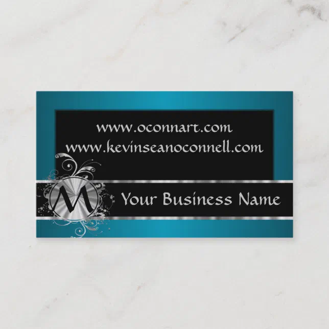 Teal and black with monogram business card | Zazzle