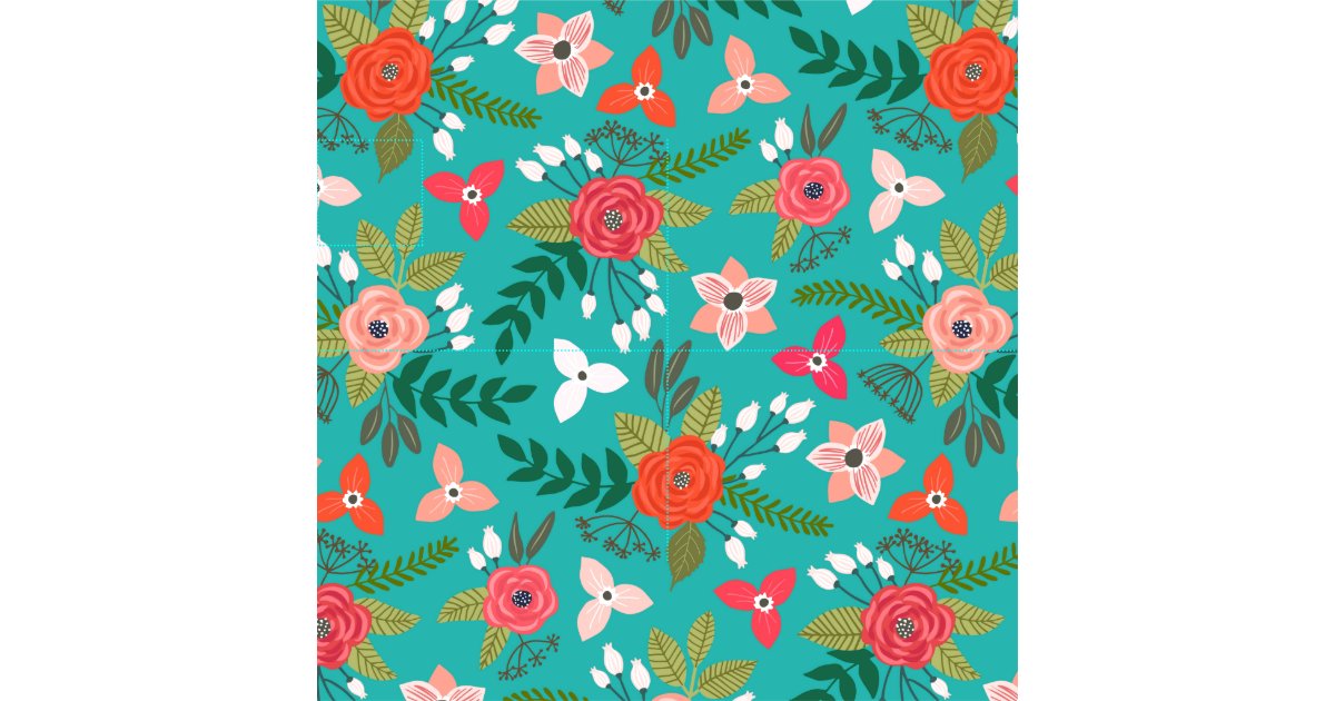 Teal and Coral Floral Pattern Fabric | Zazzle