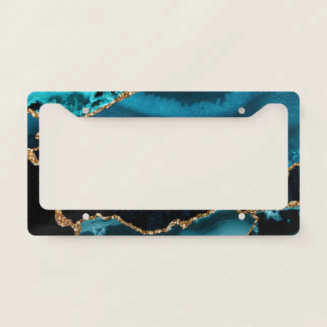 Teal and Faux Gold Glitter Marble Agate License Plate Frame | Zazzle