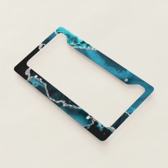 Teal and Faux Silver Glitter Marble Agate License Plate Frame | Zazzle
