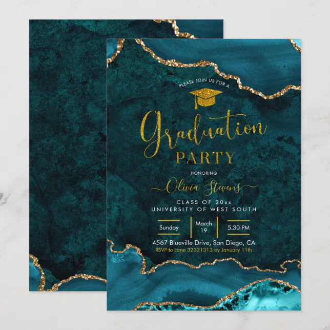 Teal and gold Agate Graduation Party Invitation | Zazzle