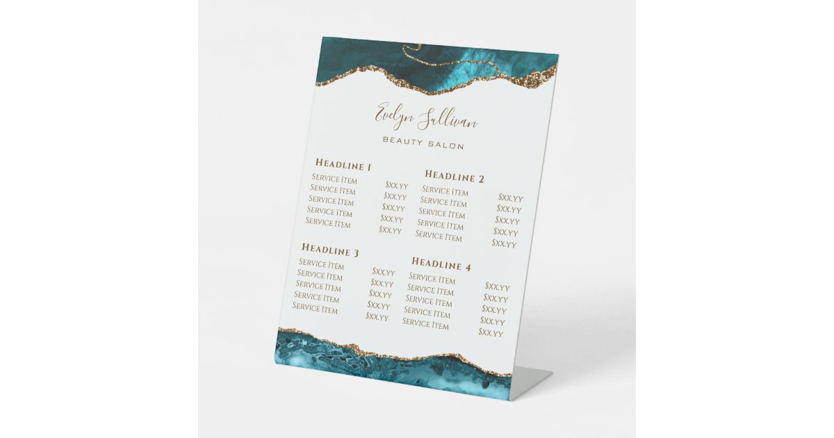 Teal and Gold Agate Price List Pedestal Sign | Zazzle