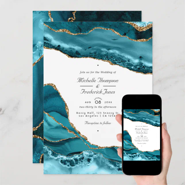 Teal and Gold Agate Stone QR Code RSVP Wedding Invitation | Zazzle
