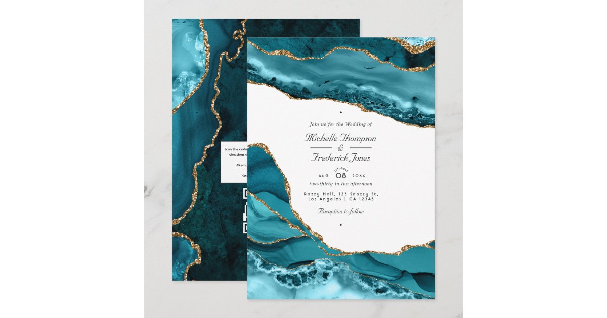 Teal and Gold Agate Stone QR Code RSVP Wedding Invitation | Zazzle