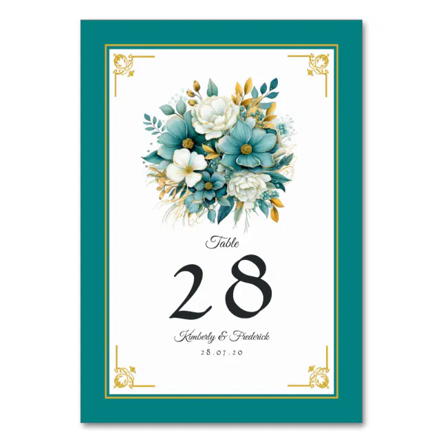 Teal and Gold Floral Wedding Table Number | Zazzle