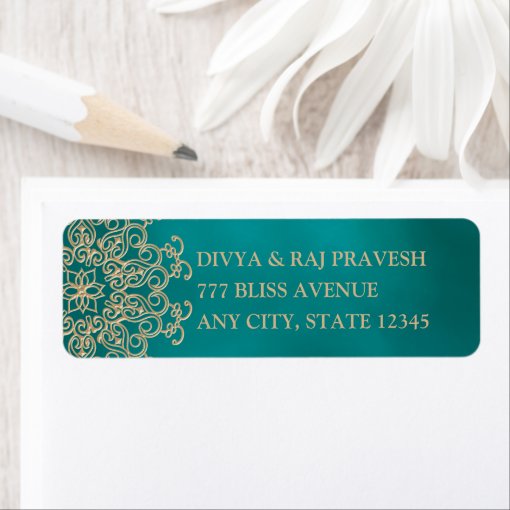 TEAL AND GOLD INDIAN INSPIRED ADDRESS LABELS | Zazzle