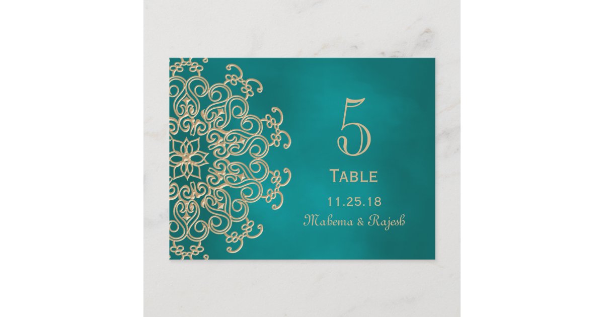 TEAL AND GOLD INDIAN WEDDING TABLE NUMBER CARD | Zazzle