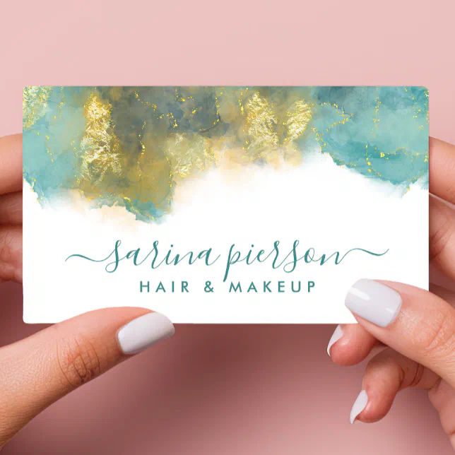 Teal And Gold Modern Art Liquid Watercolor Ink Business Card | Zazzle