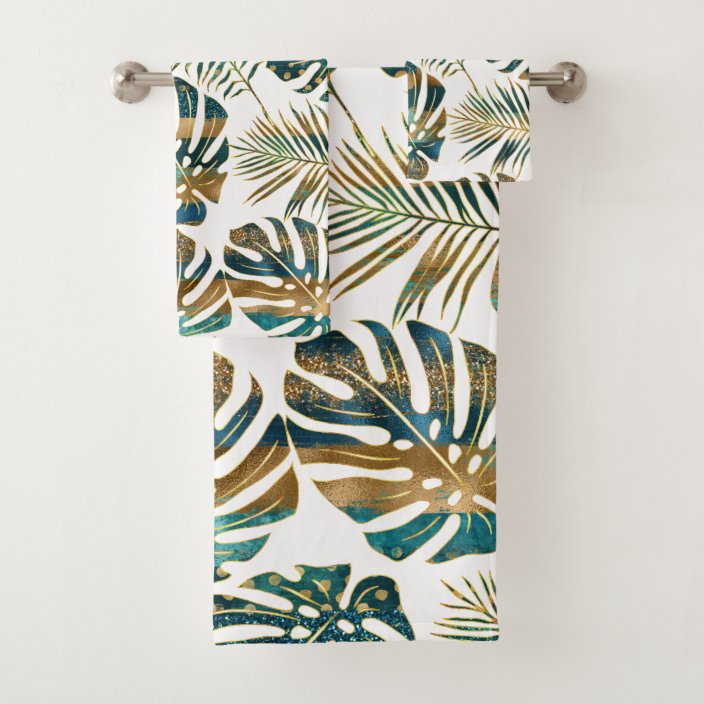 Teal and gold patterned tropical leaves bath towel set | Zazzle.com