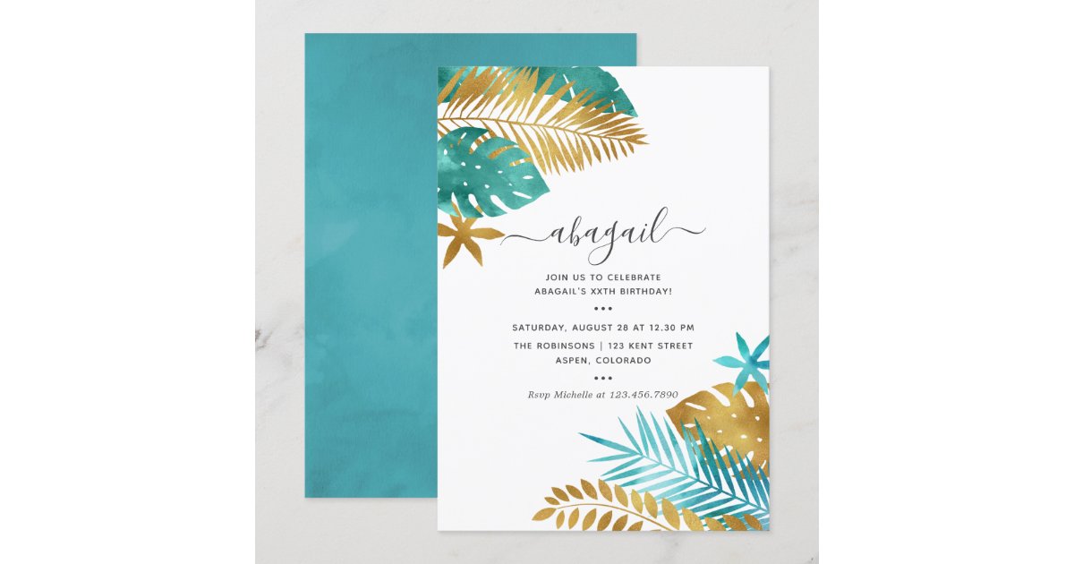 Teal and Gold Tropical Birthday Invitation | Zazzle