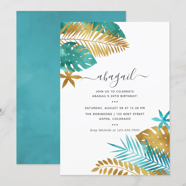 Teal and Gold Tropical Birthday Invitation | Zazzle