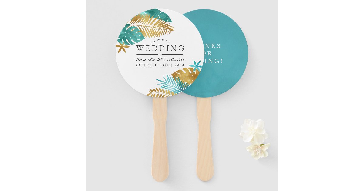 Teal and Gold Tropical Wedding Favor Hand Fan | Zazzle
