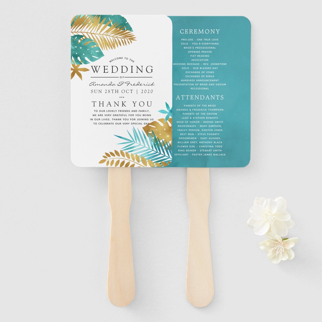 Teal and Gold Tropical Wedding Program Hand Fan | Zazzle