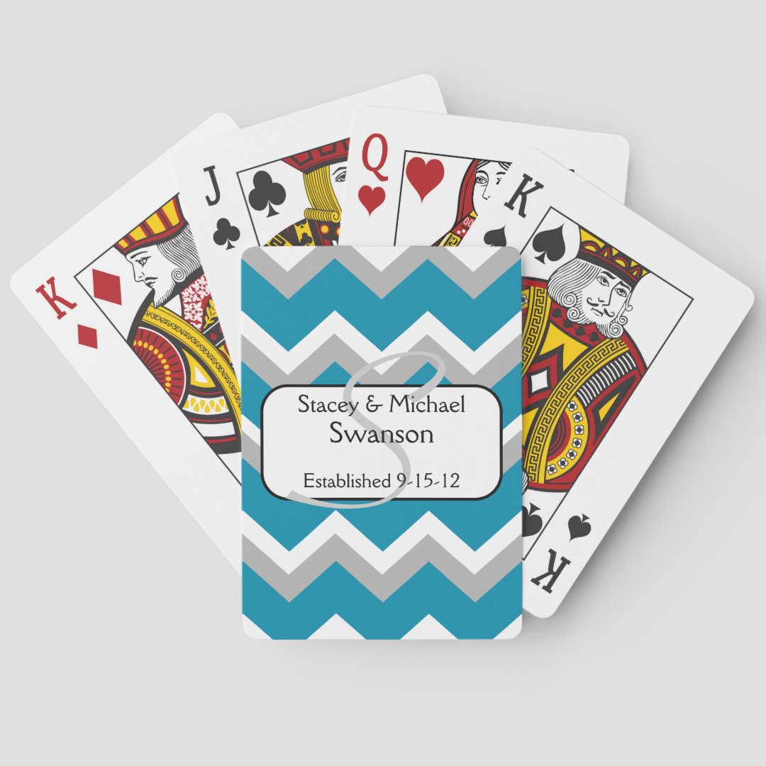 Teal and Grey Chevron Monogram Playing Cards | Zazzle