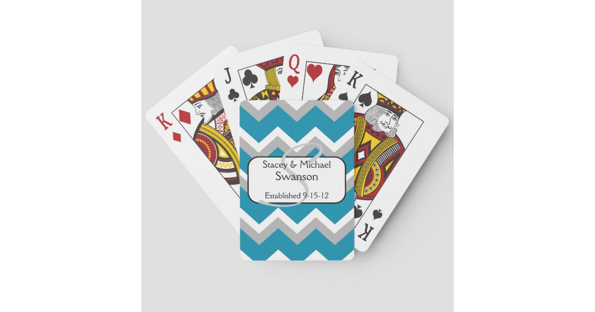 Teal and Grey Chevron Monogram Playing Cards | Zazzle