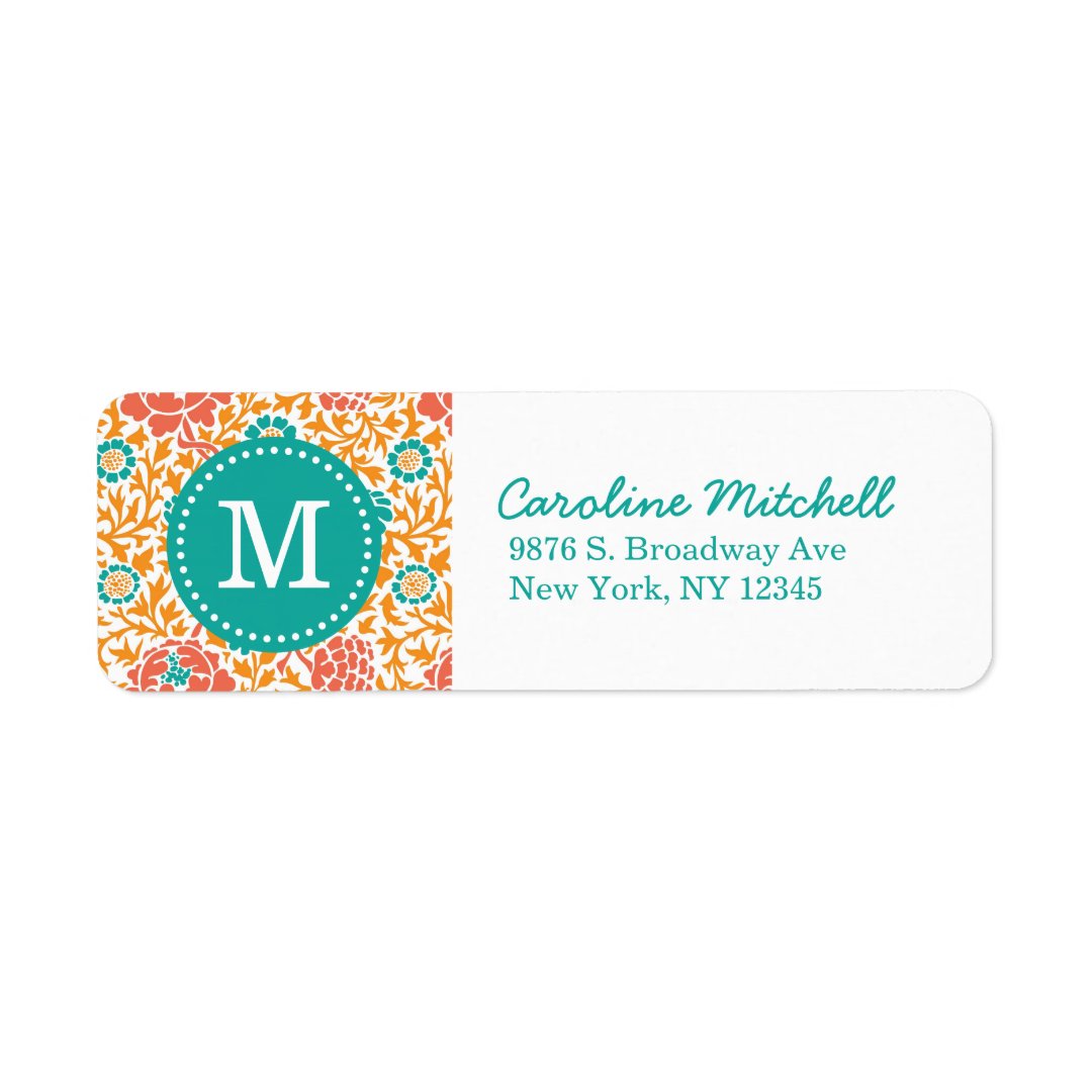 Teal and Orange Retro Floral Damask Monogram Label | Zazzle