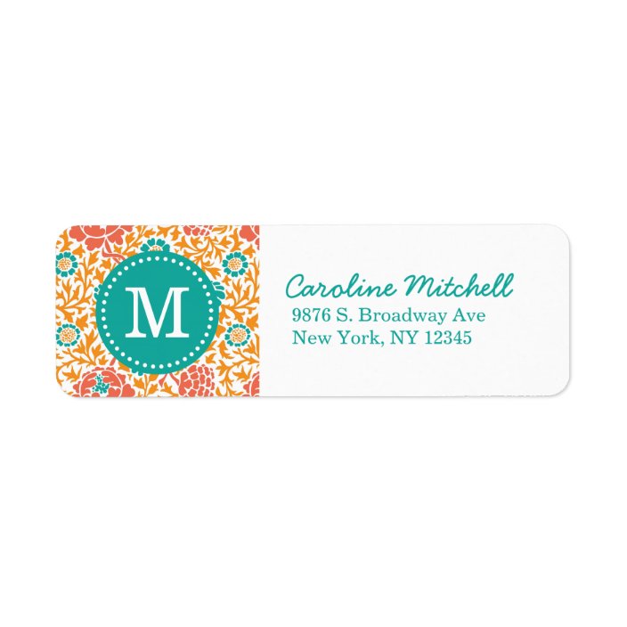 Teal and Orange Retro Floral Damask Monogram Label | Zazzle.com