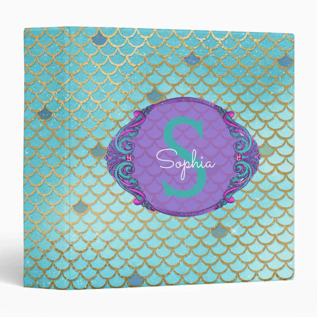 Teal and Purple Mermaid Scales Monogram School 3 Ring Binder | Zazzle