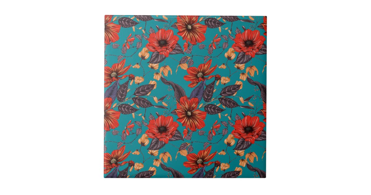 Teal and Red Floral Pattern Ceramic Tile | Zazzle