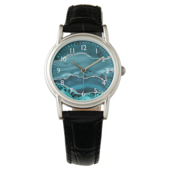 Teal and Silver Faux Glitter Marble Agate Watch | Zazzle