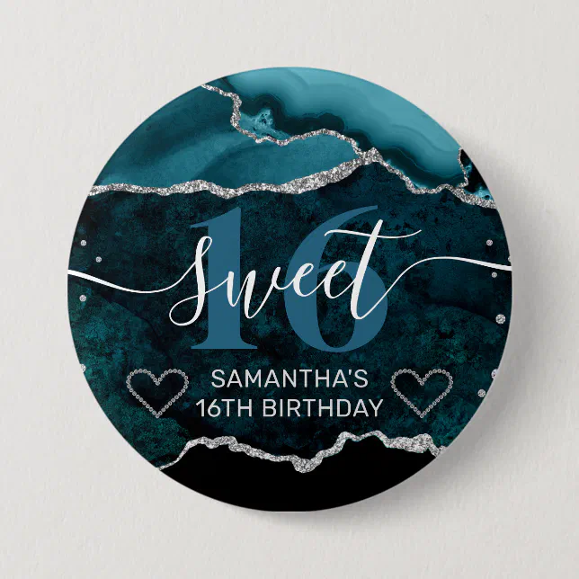 Teal and Silver Glitter Agate Marble Sweet 16 Button | Zazzle