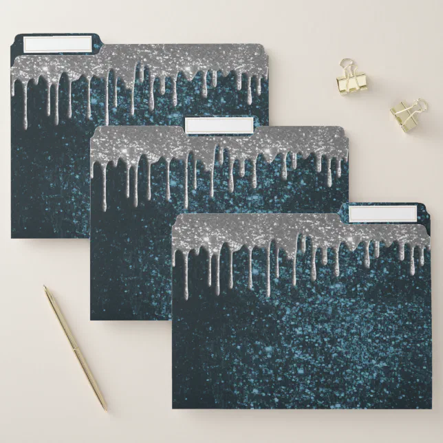 Teal and Silver Glitter Drip File Folder | Zazzle