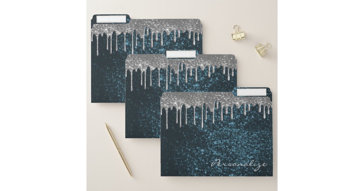 Teal and Silver Glitter Drip - Personalize File Folder | Zazzle