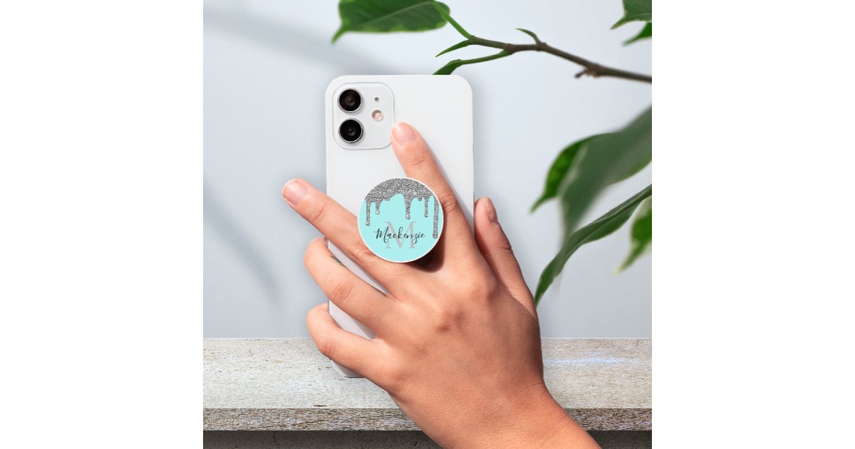Teal and Silver Glitter Drips Sparkle Monogram PopSocket | Zazzle